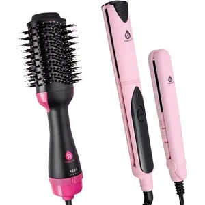 PURSONIC Hair Styling Power Bundle Hair Dryer & Volumizer Brush + Flat Iron Hair Straightener With Free Travel Straightener - Pink