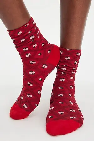 Free People Floral Jacquard Trouser Socks - Red