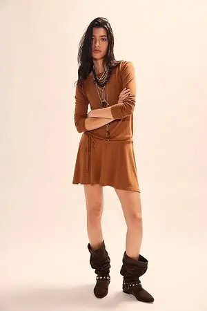 Free People Long Sleeve Mini Dress - Macadamia