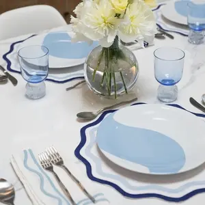 MISETTE Colorblock Embroidered Linen Placemats, Set Of 4 - Blue