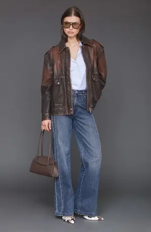 Avec Les Filles Leather Bomber Jacket - Burnished Brown