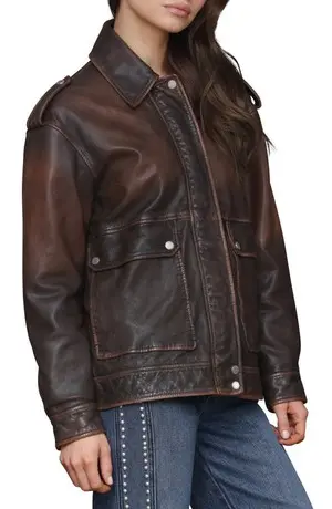 Avec Les Filles Leather Bomber Jacket - Burnished Brown