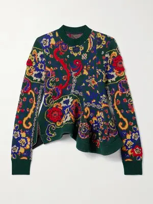Sacai Draped Embroidered Jacquard-knit Wool Sweater
