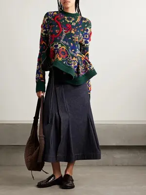 Sacai Draped Embroidered Jacquard-knit Wool Sweater