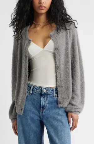 Bp. Fuzzy Scoop Neck Cardigan Grey Skyline
