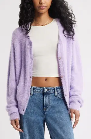 Bp. Fuzzy Scoop Neck Cardigan Purple Feminine
