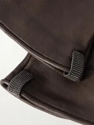 Brunello Cucinelli Bead-embellished Leather Gloves - Brown