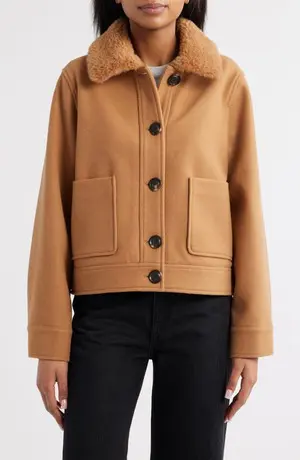 Sam Edelman Crop Jacket With Faux Shearling Collar - Camel
