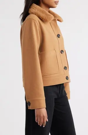 Sam Edelman Crop Jacket With Faux Shearling Collar - Camel
