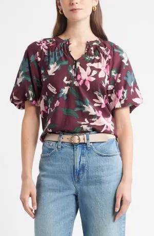 Caslon Puff Sleeve Floral Top - Burgundy- Pink Lucy Floral