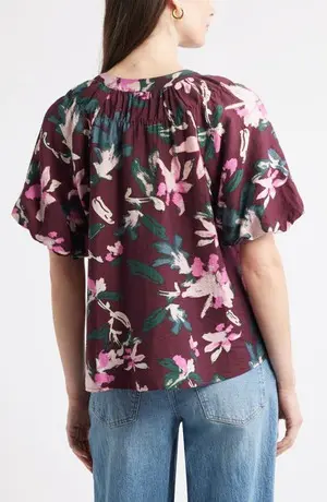 Caslon Puff Sleeve Floral Top - Burgundy- Pink Lucy Floral