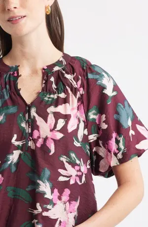 Caslon Puff Sleeve Floral Top - Burgundy- Pink Lucy Floral