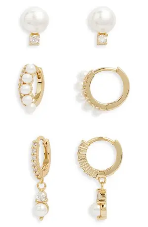 Nordstrom Set Of Freshwater Pearl & Cubic Zirconia Earrings - 14k Gold Plated