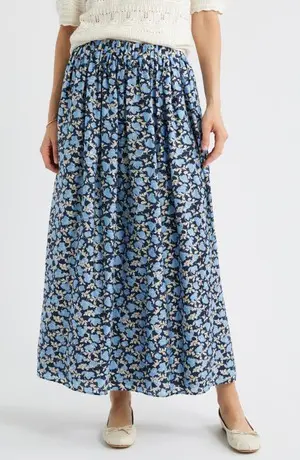 Caslon Printed Pleated Maxi Skirt - Navy- Blue Lindy Floral