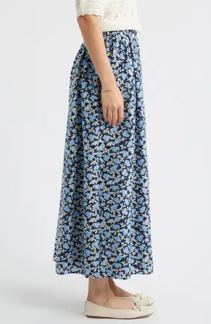 Caslon Printed Pleated Maxi Skirt - Navy- Blue Lindy Floral