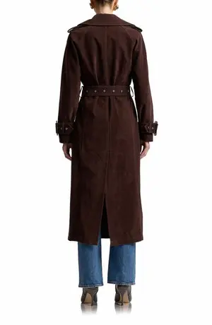 Avec Les Filles Double-breasted Faux Suede Trench Coat - Chocolate