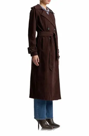 Avec Les Filles Double-breasted Faux Suede Trench Coat - Chocolate