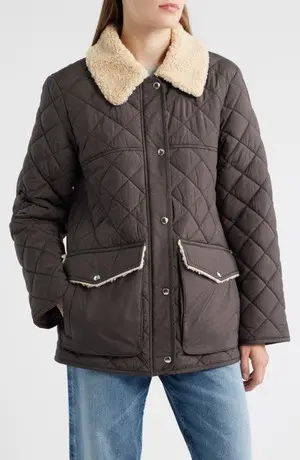 Sam Edelman Quilted Twill Jacket With Faux Shearling Collar - Brown/black Denim