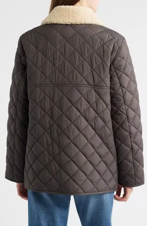 Sam Edelman Quilted Twill Jacket With Faux Shearling Collar - Brown/black Denim