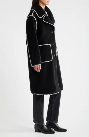Bernardo Blanket Stitch Fleece Coat - Black/white