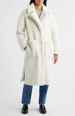 Bcbgmaxazria Notch Collar Faux Shearling Long Coat - Cream