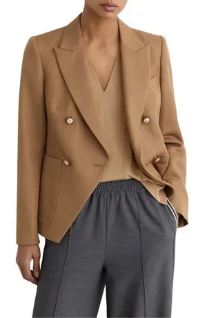 REISS Gigi Double Breasted Twill Blazer - Camel