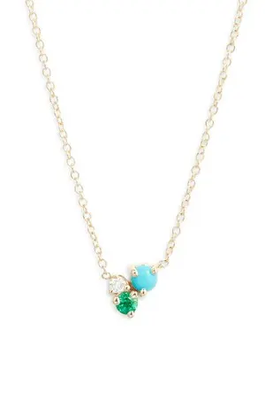 Zoe Chicco 14k Gold Mixed Stone & Diamond Clustered Pendant Necklace Turquoise/emerald/diamond