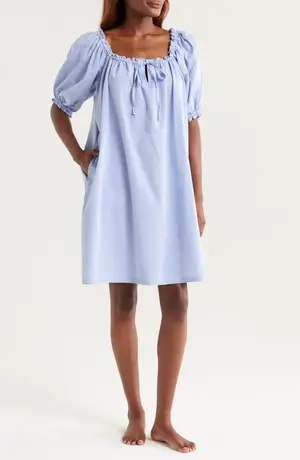 Nordstrom Tie Front Cotton Nightgown Blue Chambray