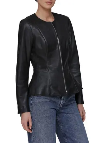 Bagatelle Genuine Leather Zip Front Peplum Jacket - Black