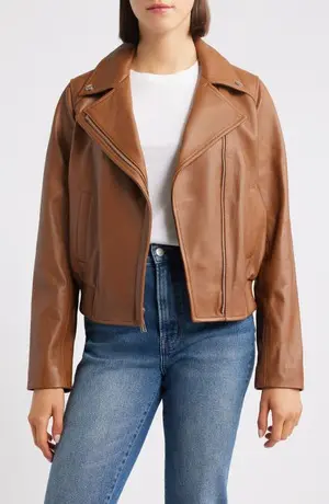Michael Kors Moto Leather Bomber Jacket - Cognac