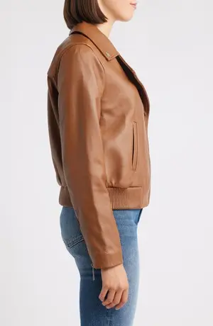 Michael Kors Moto Leather Bomber Jacket - Cognac