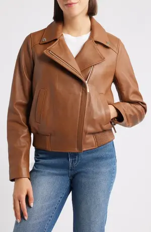 Michael Kors Moto Leather Bomber Jacket - Cognac