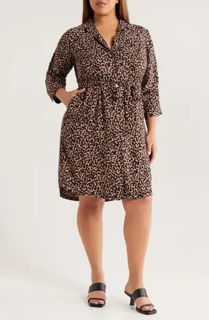 NIC+ZOE Abstract Animal Print Ruched Sleeve Shirtdress - Brown Multi