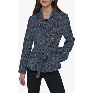 Karl Lagerfeld Paris Belted Tweed Moto Jacket
