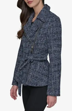 Karl Lagerfeld Paris Belted Tweed Moto Jacket