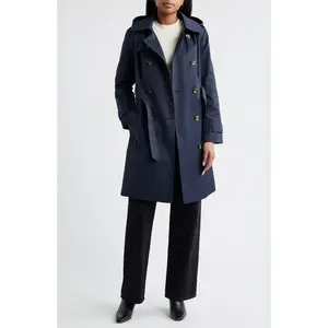 London Fog Double-breasted Trench Coat With Removable Hood - Navy