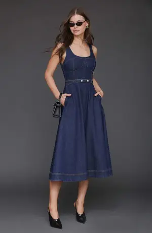 Avec Les Filles Belted Bustier Denim Fit & Flare Dress