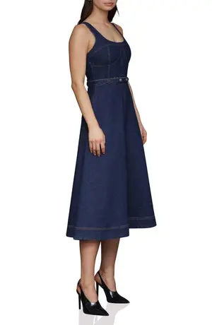 Avec Les Filles Belted Bustier Denim Fit & Flare Dress