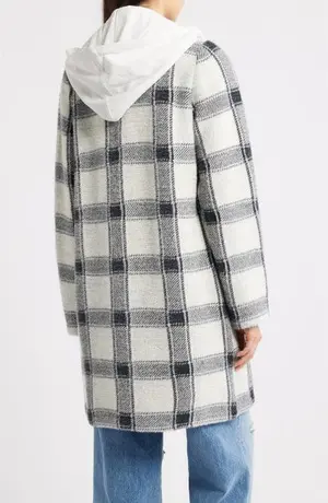 THREAD & SUPPLY Plaid Coat With Removable Bib Hoodie - Black White Plaid