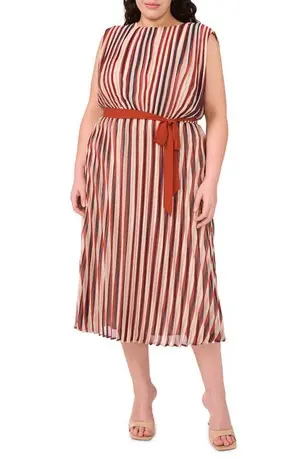 Halogen Brandy Street Stripe Pleated Belted Midi Dress