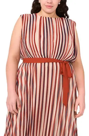 Halogen Brandy Street Stripe Pleated Belted Midi Dress