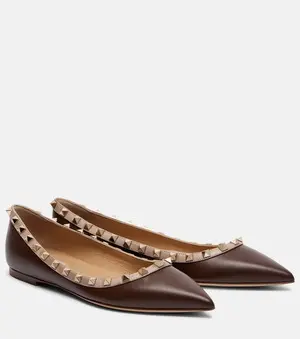 Valentino Garavani Rockstud Leather Ballet Flats - Brown