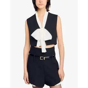 Sandro Bow-neck Sleeveless Cropped Stretch-woven Top