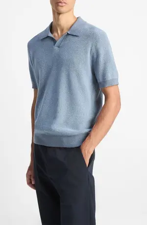 Vince Contrast Trim Johnny Collar Polo Sweater - Lt H Ripple/california Rain