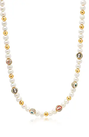 NIALAYA Evil Eye Pearl Necklace - White/multicolor