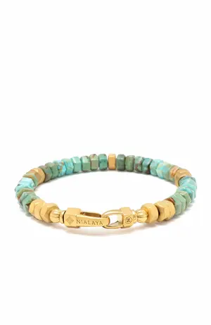 NIALAYA Hexagon Beaded Bracelet - Green Turquoise /gold