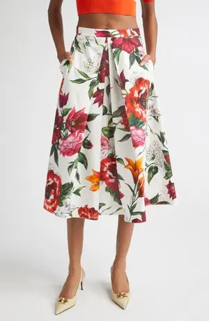 DOLCE & GABBANA Floral Pleated Cotton Poplin Skirt