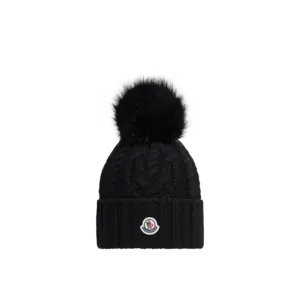 Moncler Cashmere Blend Beanie With Faux Fur Pom Pom - Black