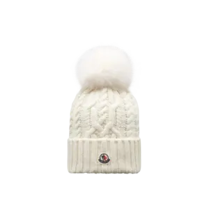 Moncler Cashmere Blend Beanie With Faux Fur Pom Pom - White