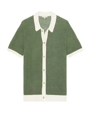 Onia Linen Short Sleeve Button Up Knit Shirt In Green - Seaspray & White